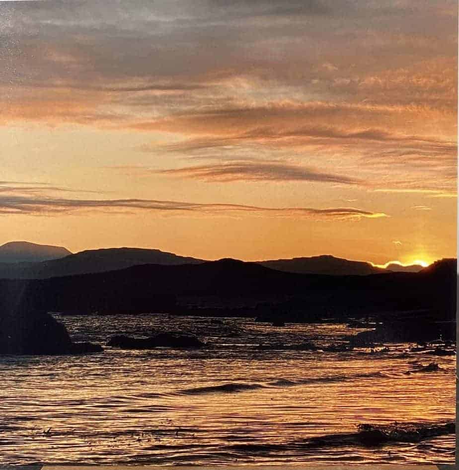Iona square photo tile. Sun rising over Mull - Scottish Island Gifts