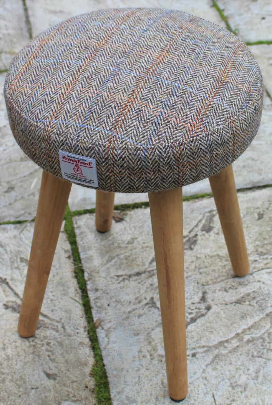 Tall Round Stool Footstool with Herringbone check Harris Tweed ...