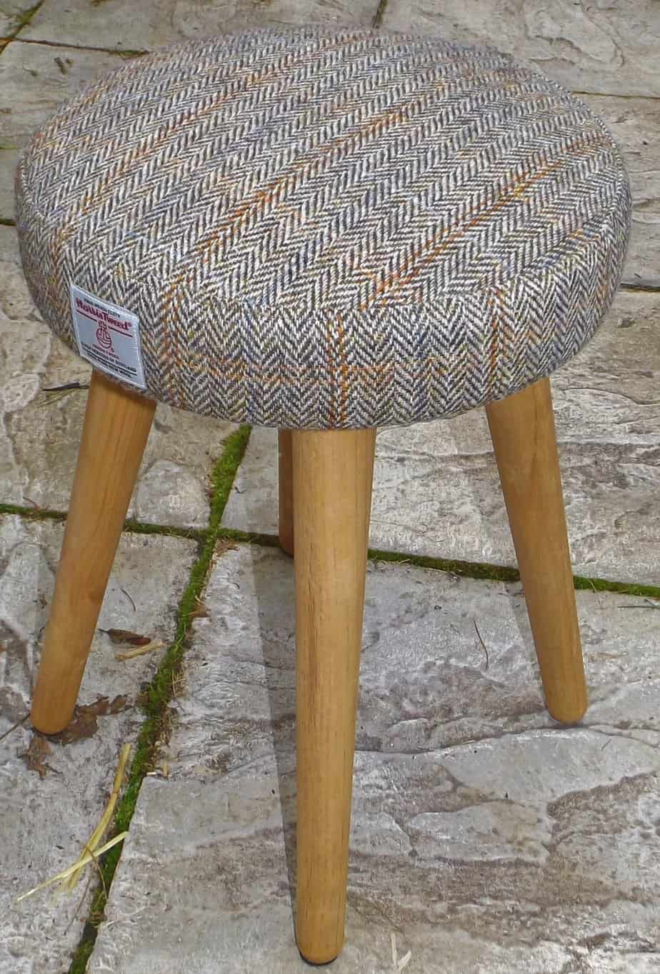 Tall Round Stool Footstool with Herringbone check Harris Tweed ...