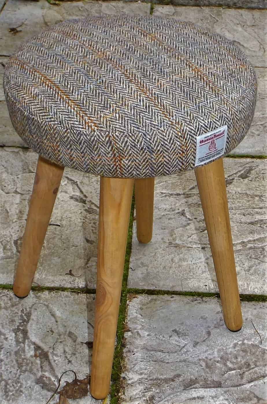 Tall Round Stool Footstool with Herringbone check Harris Tweed ...
