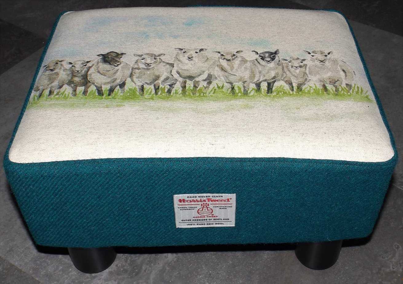 Rectangular Footstool Teal Harris Tweed with Sheep In a Line - Scottish ...