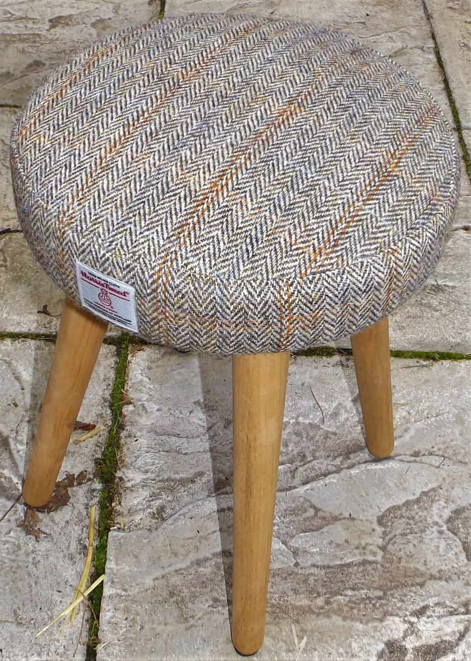 Tall Round Stool Footstool with Herringbone check Harris Tweed ...