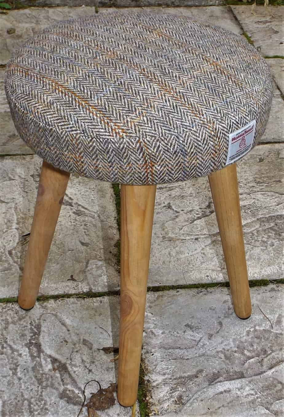 Tall Round Stool Footstool with Herringbone check Harris Tweed ...