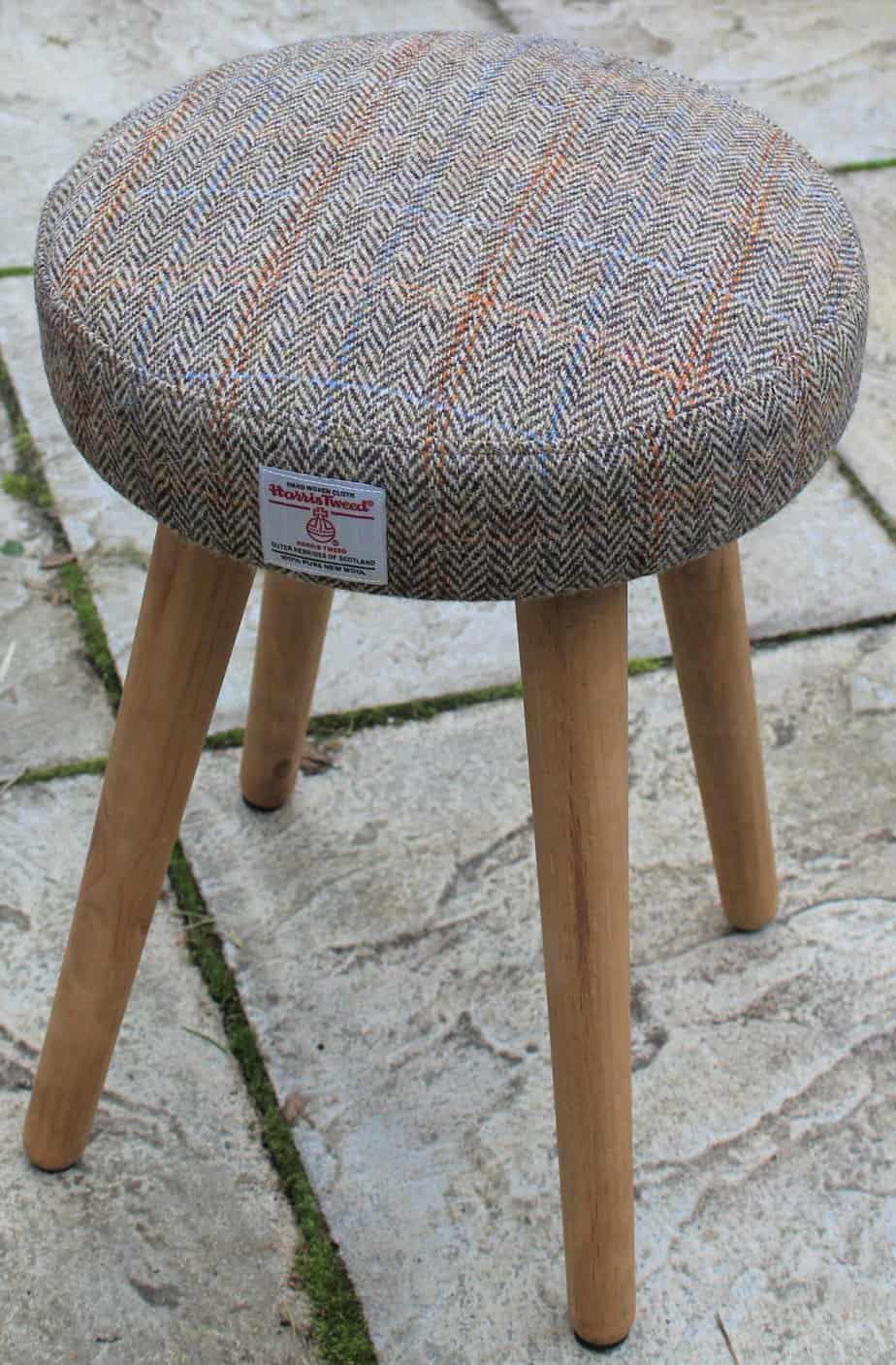 Tall Round Stool Footstool with Herringbone check Harris Tweed ...