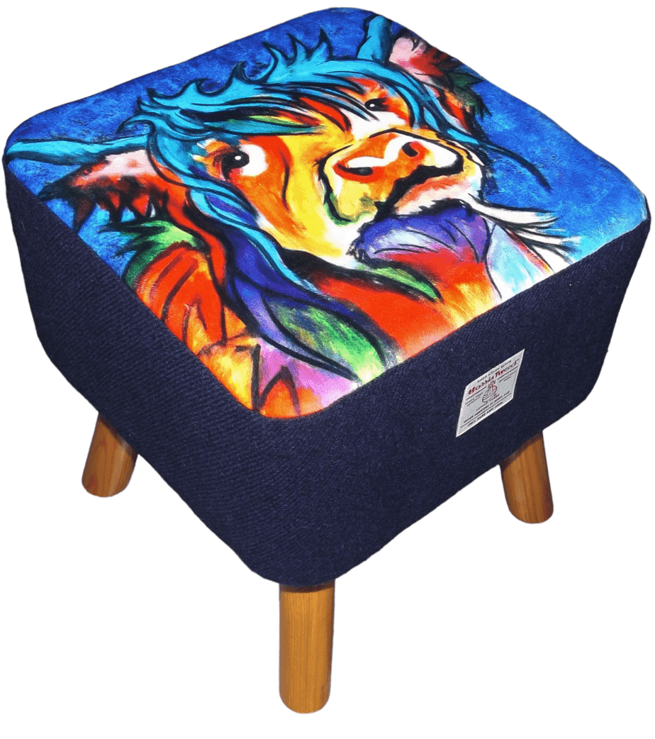 Large Abstract Highland Cow and Navy Blue Harris Tweed Footstool ...