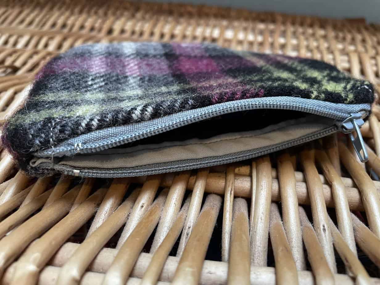 Shetland Tweed Coin Purse - large purple, grey, black and green check ...