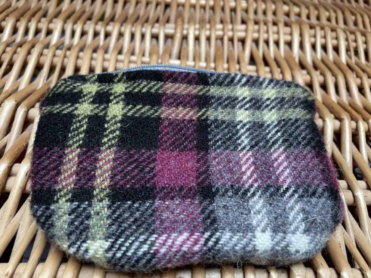 Shetland Tweed Coin Purse - large purple, grey, black and green check ...