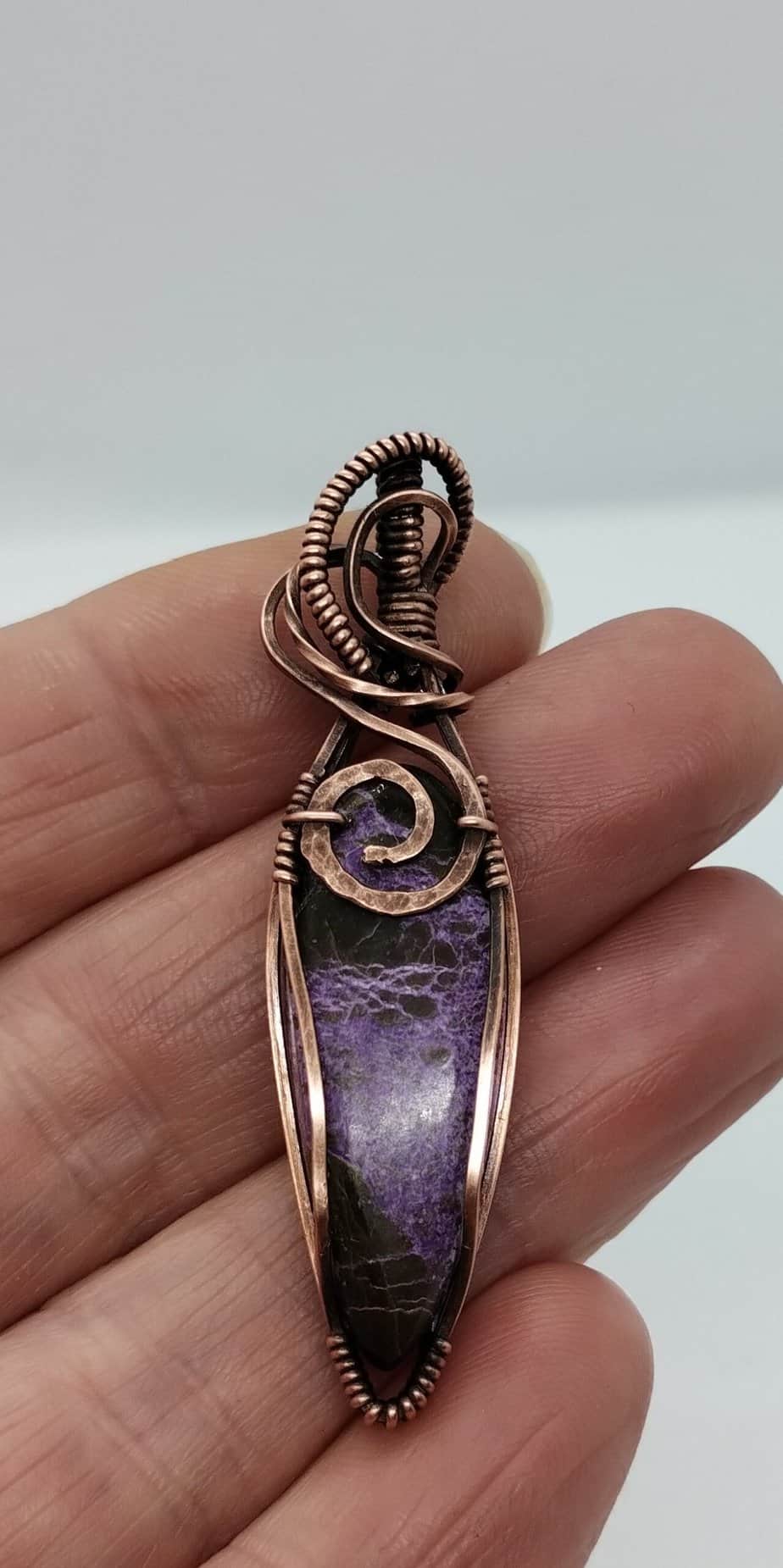 Wire wrapped copper and stichtite gemstone pendant - Scottish Island Gifts